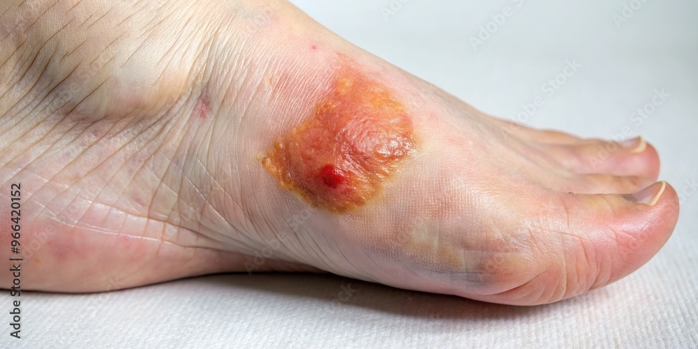Early-stage foot ulcer on the heel showing initial signs of redness ...