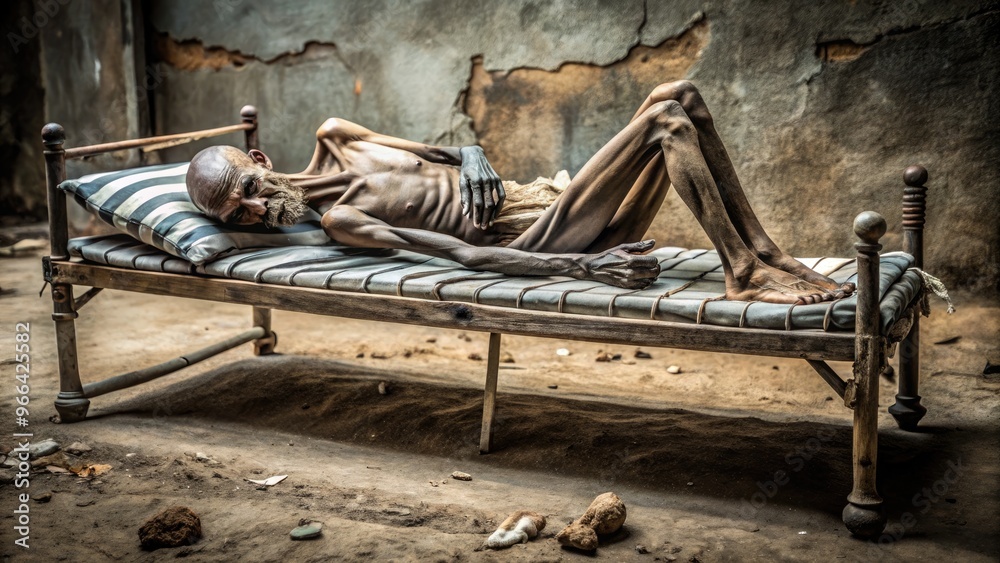 Emaciated ribcage and frail, stick-like limbs of a suffering individual ...