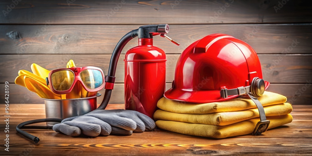 Fire extinguisher, hard hat, goggles, and gloves laid out on a table ...