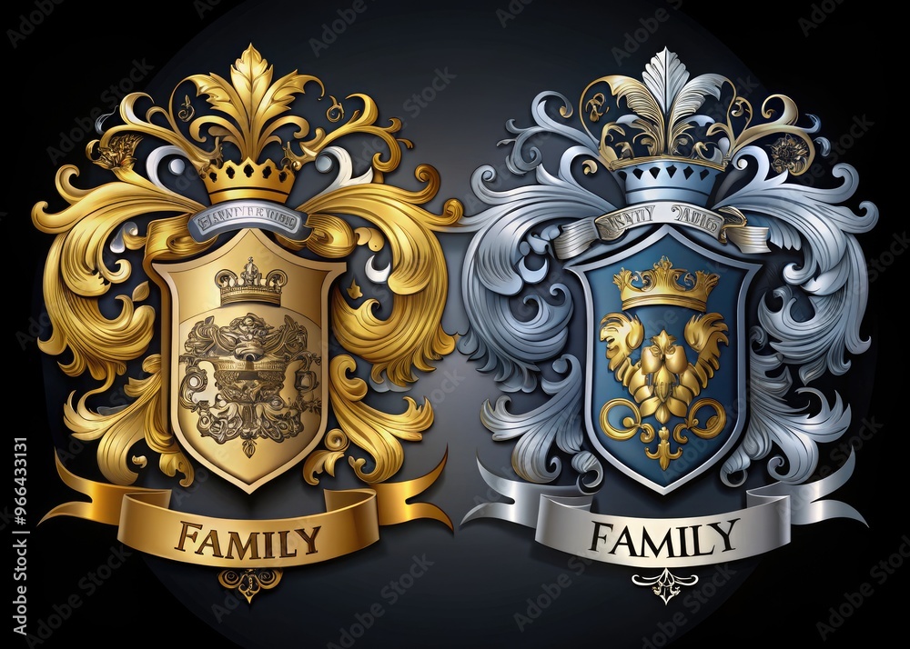 Gold and silver ornate family crest templates with intricate designs ...