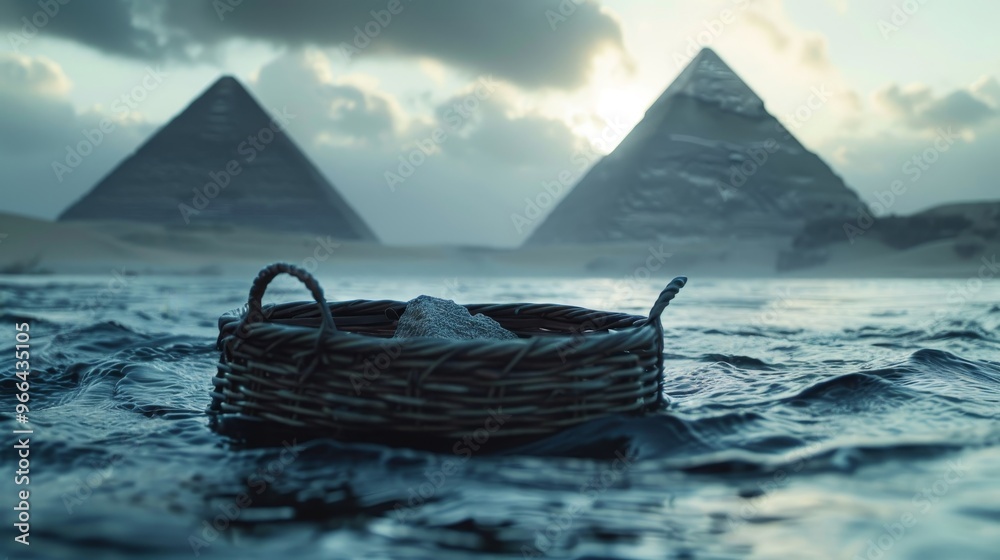 Serenity of baby moses in a basket amidst the nile at sunset with ...