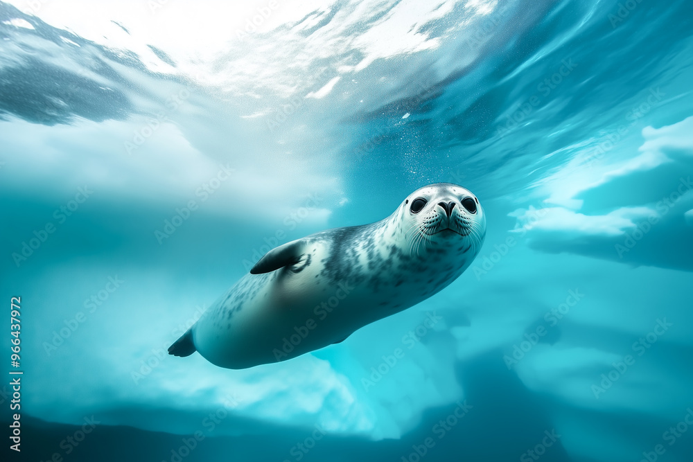 Young seal in underwater photo in sea water with frozen ice blocks on ...