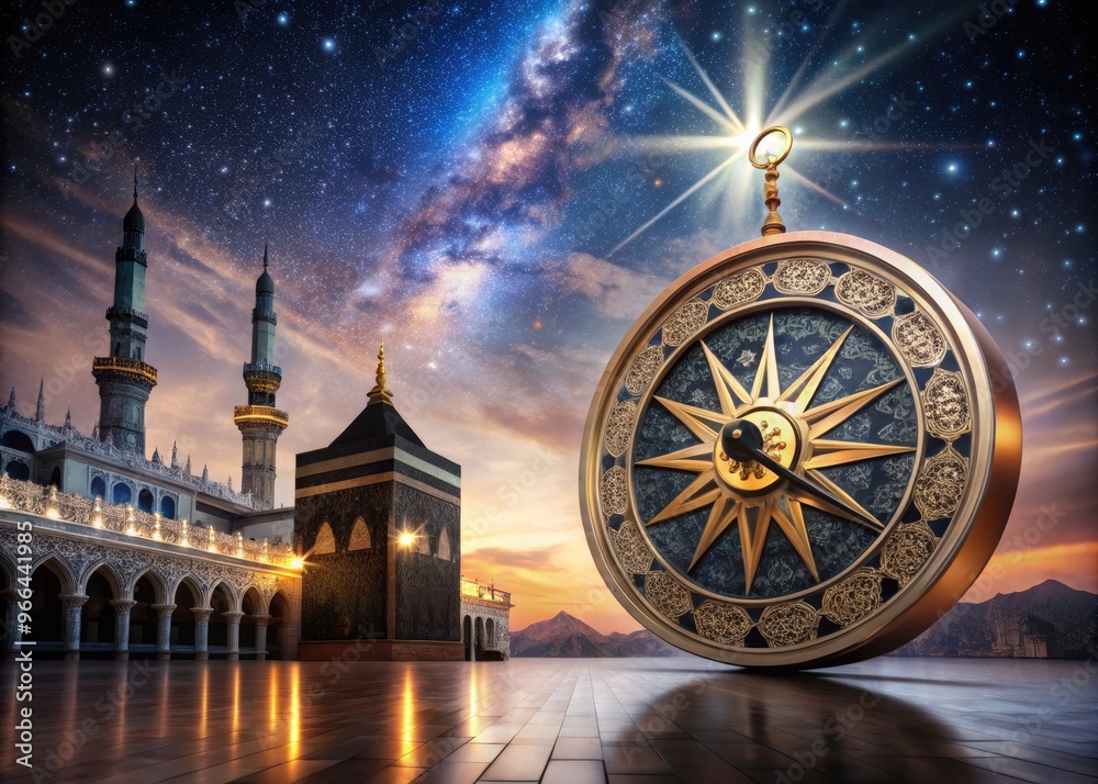 Illuminated compass with intricate Islamic geometric patterns and ...