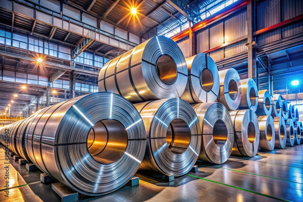 Industrial steel coils stacked neatly in a warehouse, illuminated by ...