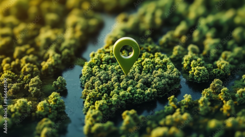 Green location symbol of pin. A green forest shape on location pin ...