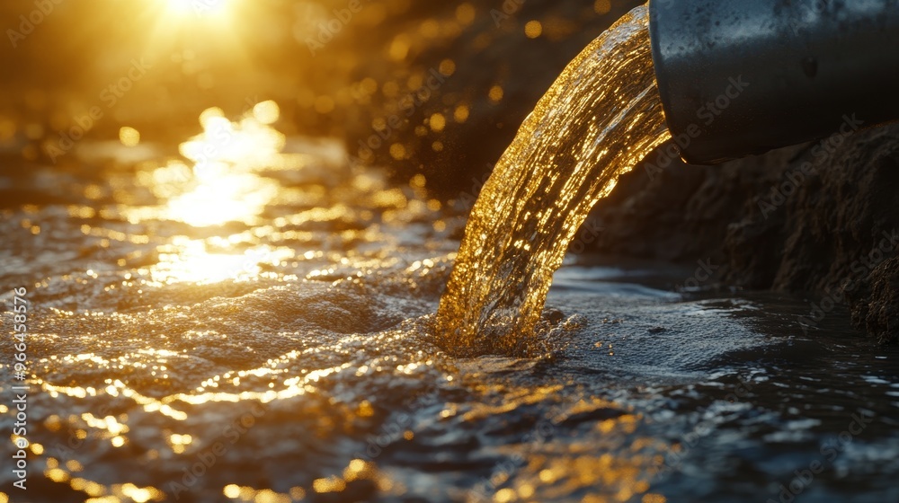 Flowing water from a pipe into a river during a golden sunset ...