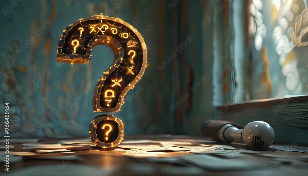 Symbolic exploration and inquiry represented by a digital question mark ...