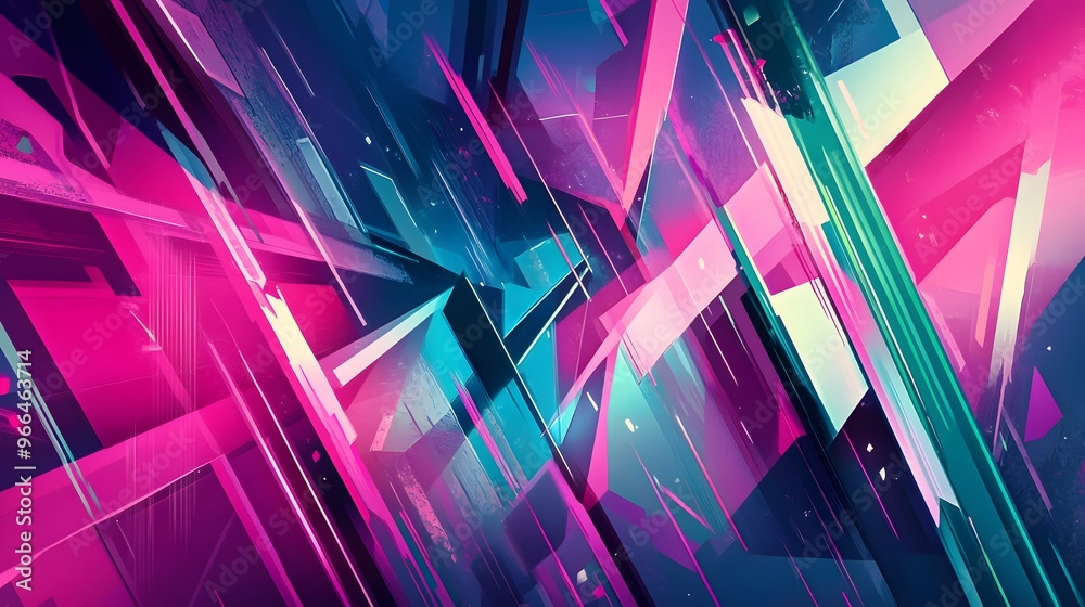 Graffiti featuring bold geometric shapes in neon pink and blue, with ...