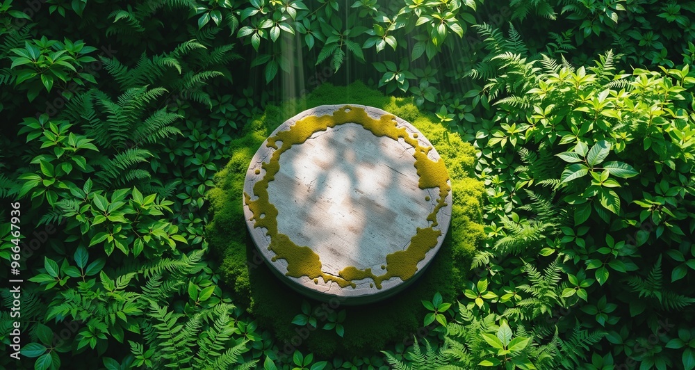 Moss-Covered Circle in Verdant Forest, A circular stone or wooden ...