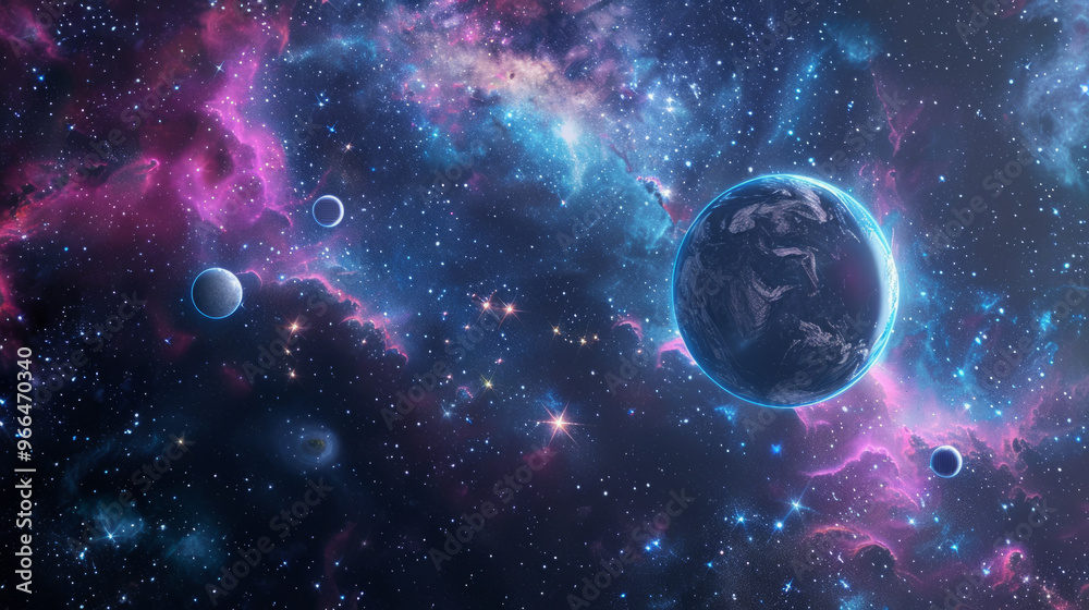 Cosmic elements: A starry sky or planets in a 3D-rendered format ...