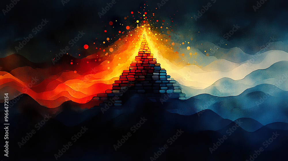 A watercolor painting of a pyramid in the middle of the canvas, with a ...