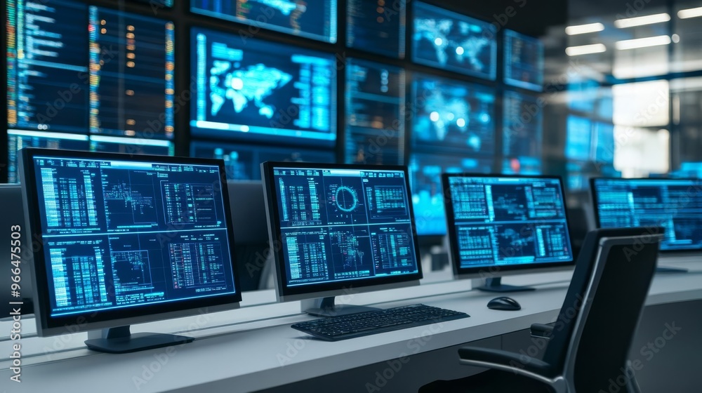 High-tech control room filled with data screens and digital maps, data ...