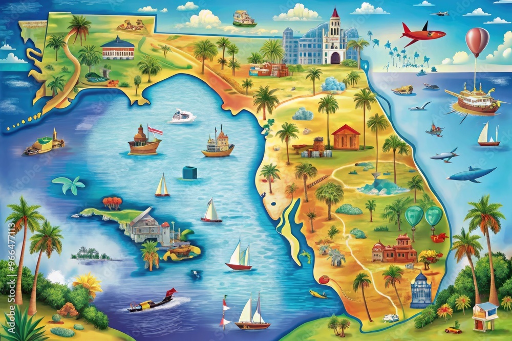 Vibrant colorful Florida state map illustration with bold borders ...