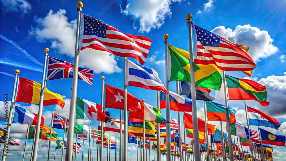 Vibrant flags of numerous world countries wave proudly in the wind ...