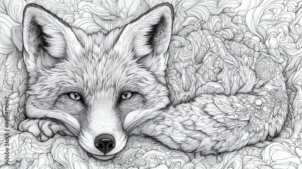 intricate line art of a curledup fox perfect for adult coloring books ...