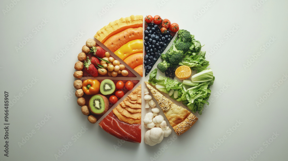 The pie chart features food groups in a circular format, where each ...