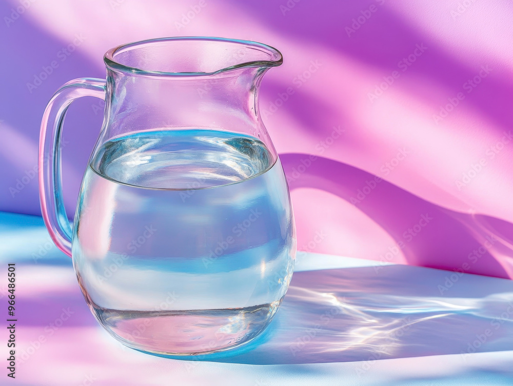 Glass jug of water casting shadows on a colourful pastel background ...