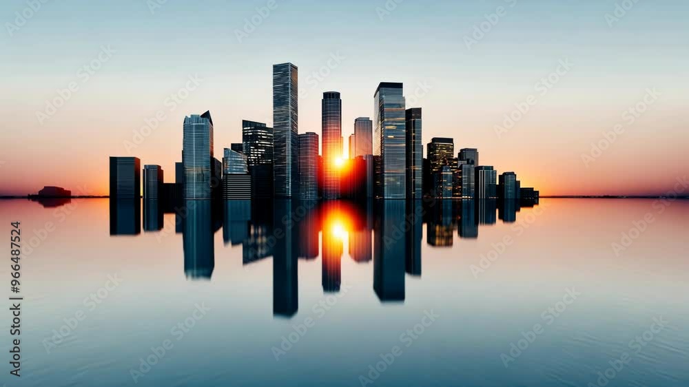 Futuristic city skyline reflected in water at sunset, resembling audio ...