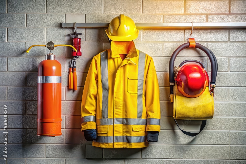 Yellow helmet and flame-retardant jacket displayed alongside fire ...