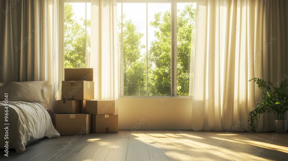 Unassembled boxes stand on the floor in a modern, bright house with ...