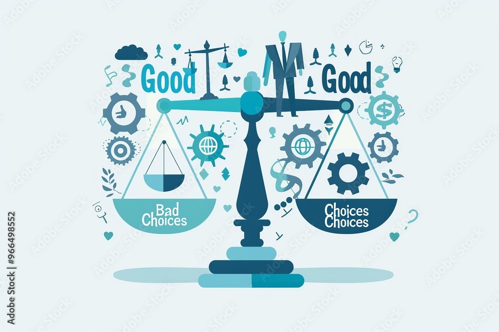 Illustration of a businessman holding two signs: "Good Choice" with ...