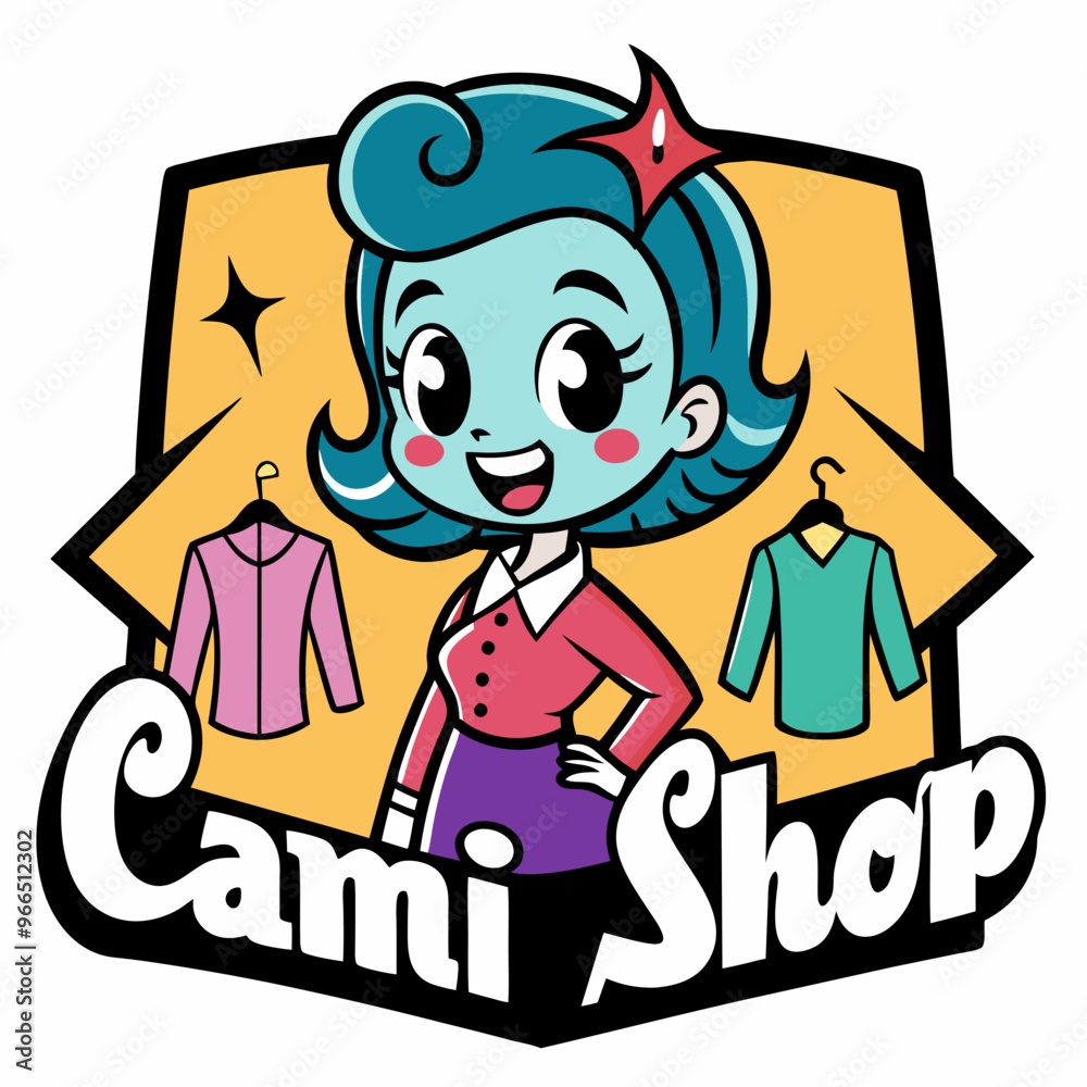 logo con el nombre cami shop con prendas de vestir, vector illustration ...