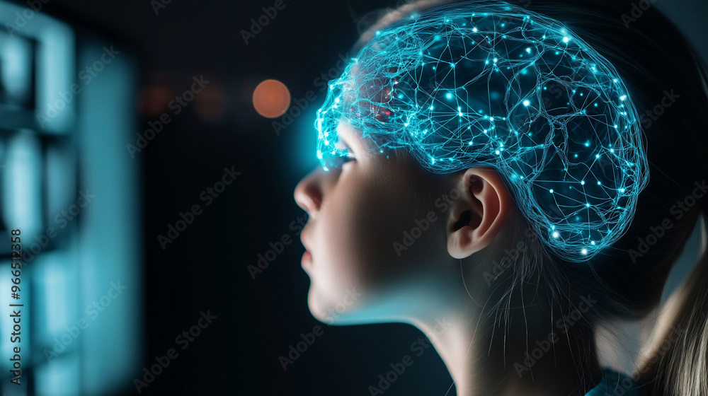 A childâ s brain highlighted by glowing neural connections, with each ...
