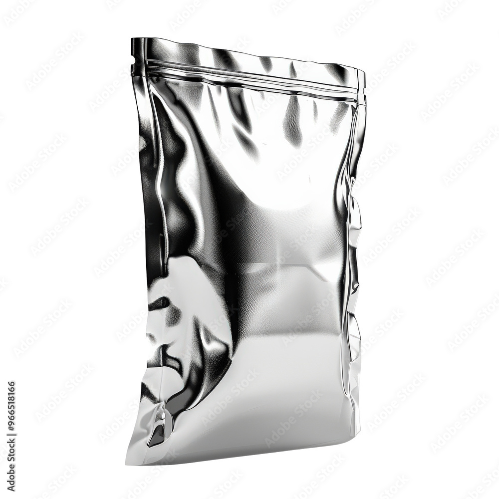 Silver metallic foil packet, blank design, isolated on white background ...