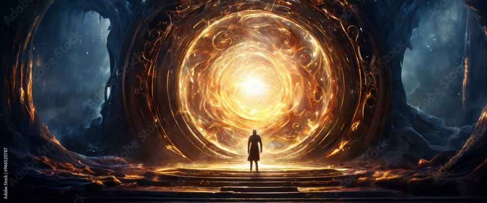 A lone figure stands before a radiant, glowing portal in a dark cavern ...