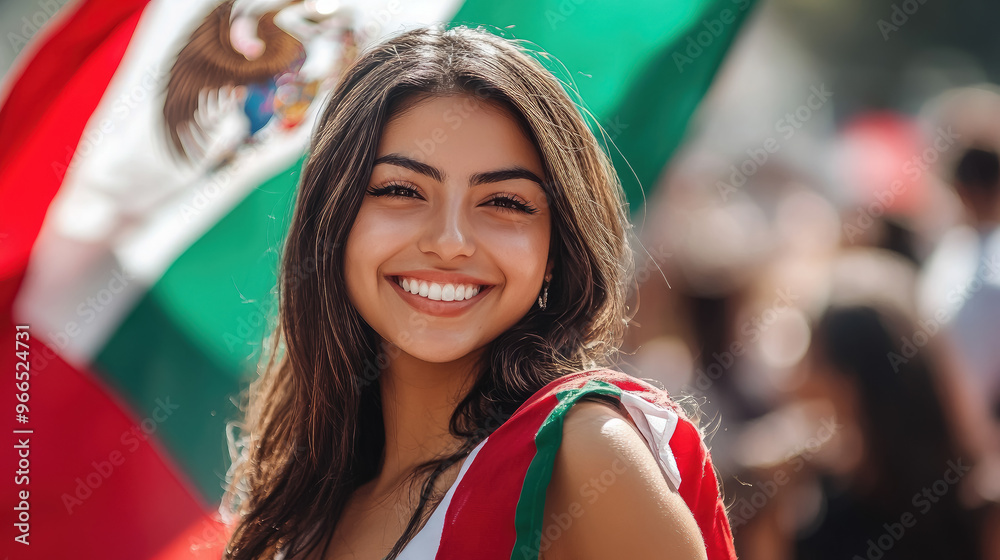 smiling young mexican woman holding mexican flag against background of ...