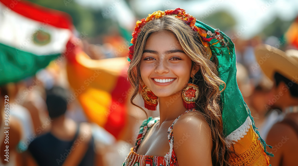 smiling young mexican woman holding mexican flag against background of ...