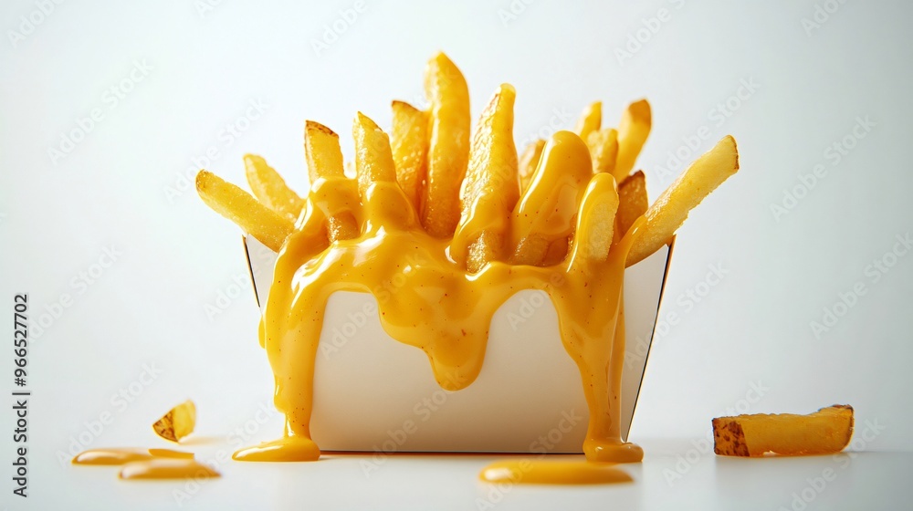 French fries covered with melted cheese dripping in a white cardboard ...