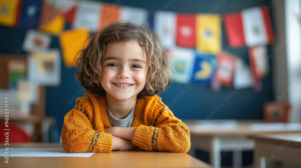 Child sitting at desk in spanish class in language school, flags of ...