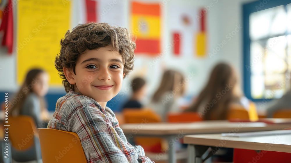 Child sitting at desk in spanish class in language school, flags of ...