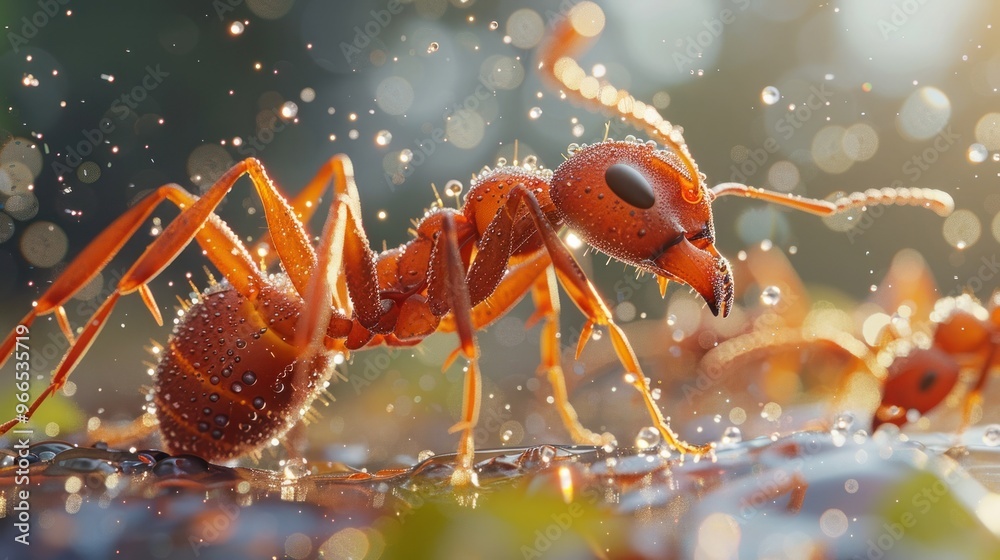 Macro closeup of a vibrant red ant with glowing eyes and antenna ...