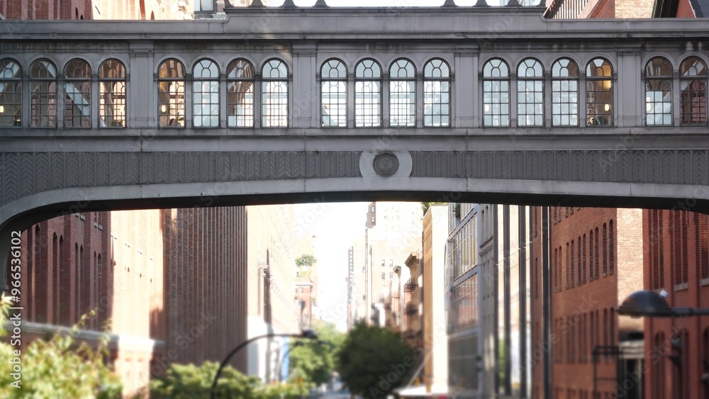 New York City street, Chelsea Market skybridge. Retro industrial ...