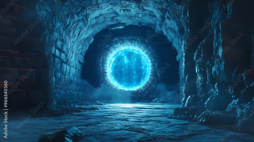 Mysterious glowing blue portal in a dark, ancient stone structure ...