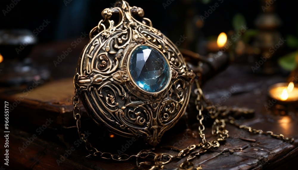 An ornate, antique amulet with intricate designs and a large blue ...