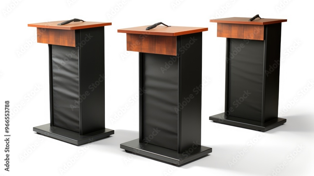 Three podiums with wooden tops and black bases stand on a white ...