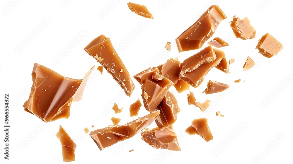Toffee Candy Explosion with Broken Chunks Flying in the Air Isolated on ...