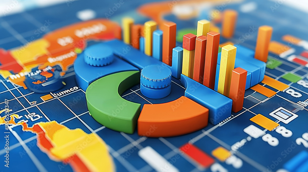 Colorful 3D graphs and charts on a global map representing data ...