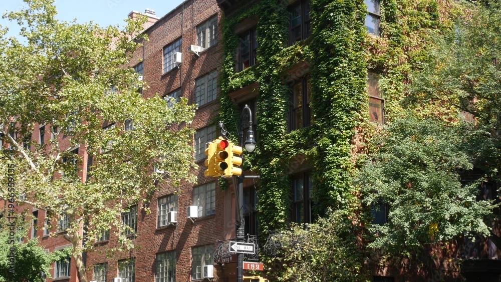 New York City Irving street crossroad, traffic light. Building ...
