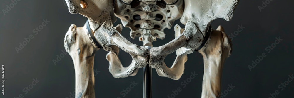 Hip prosthesis positioned on the left side, featuring pelvis and hips ...