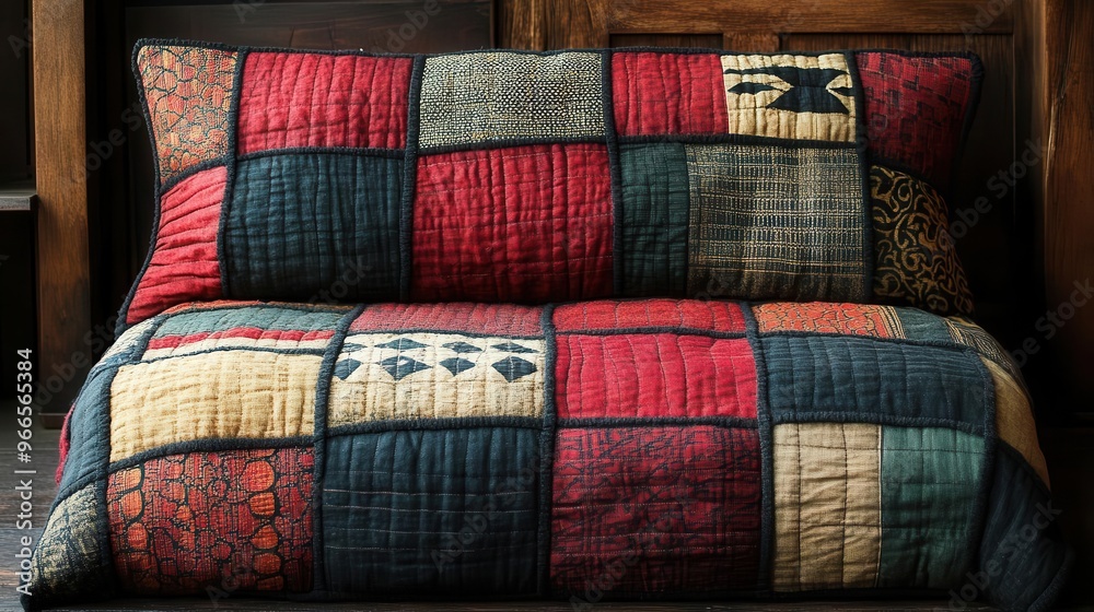 africaninspired quilt featuring intricate geometric patterns in red ...