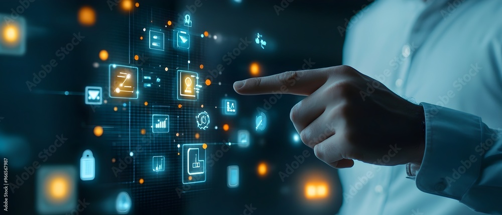 Businessman s Hand Pointing at Glowing Digital Interface with Floating ...