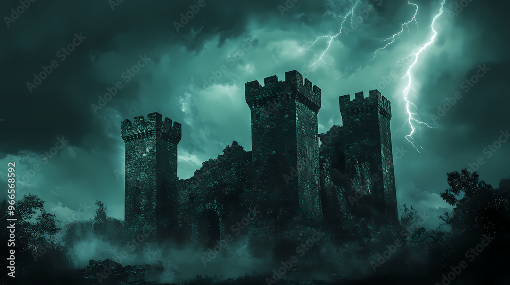 Dark stormy night sky over a ruined castle. Sky Castle. Illustration ...