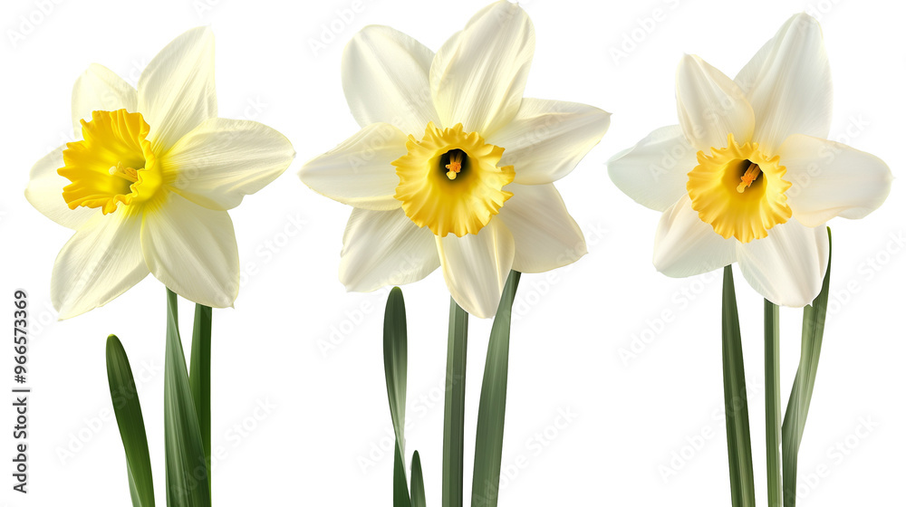 Daffodil flowers, multiple angles view side top front group whole ...