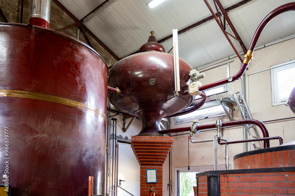 Double distillation process of cognac spirit in Charentias copper ...