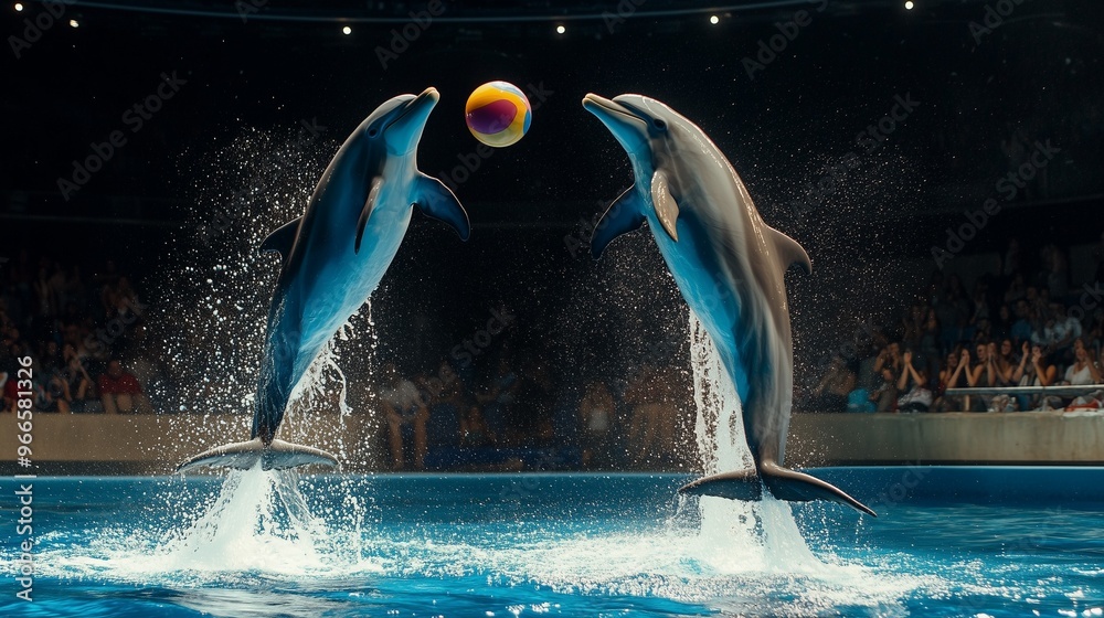 Trained dolphins play with a rubber ball in front of spectators ...