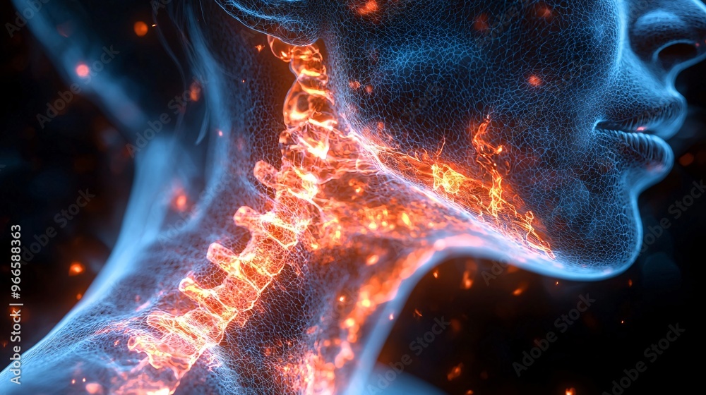 An x-ray-style image showing a neck with highlighted areas of tension ...